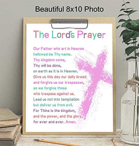 Lords Prayer Bible Verse Wall Art - Religious Scripture Girls Bedroom Decor - Christian Daughter Gifts for Toddler, Baby Girls Room - Blessed Church Sunday School Kids Decorations - Pink Cross Poster