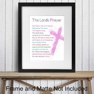 Lords Prayer Bible Verse Wall Art - Religious Scripture Girls Bedroom Decor - Christian Daughter Gifts for Toddler, Baby Girls Room - Blessed Church Sunday School Kids Decorations - Pink Cross Poster