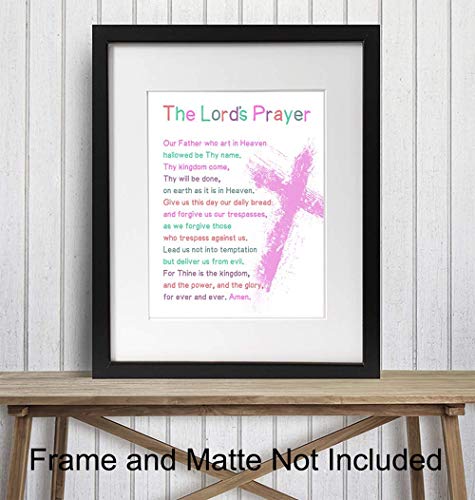 Lords Prayer Bible Verse Wall Art - Religious Scripture Girls Bedroom Decor - Christian Daughter Gifts for Toddler, Baby Girls Room - Blessed Church Sunday School Kids Decorations - Pink Cross Poster