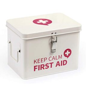 soldsimple keep calm first aid medicine organizer storage metal box with lid, latch closure, removable tray and side handles, vintage empty box for home, 9" x 6.3" x 6.5", milky white