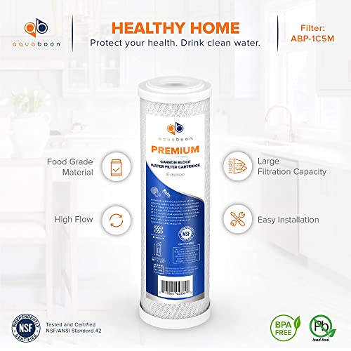 Aquaboon 5 Micron 10 x 2.5 inch | Premium Whole House Replacement Water Filter Cartridge | Coconut Shell Activated Carbon Block CTO | Whirlpool WHA2BF5, iSpring FC15, Culligan HF-360A, 25 Pack