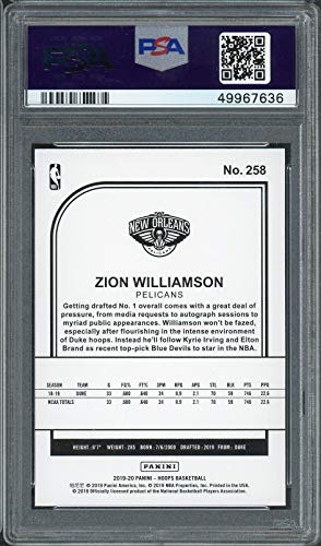 Zion Williamson 2019 Panini Hoops Basketball Rookie Card RC #258 Graded PSA 9 MINT