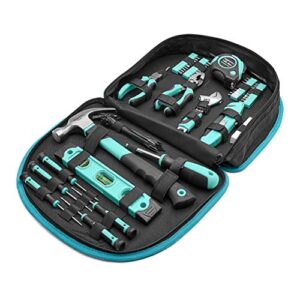 amazon basics tool set with easy carrying round pouch, 104-piece, turquoise, 14.4 x 11.4 x 3 inches