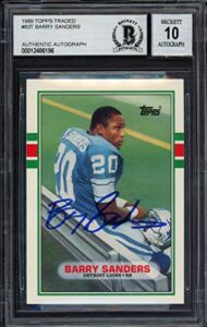 barry sanders autographed 1989 topps traded rookie card #83t detroit lions auto grade gem mint 10 beckett bas stock #181874