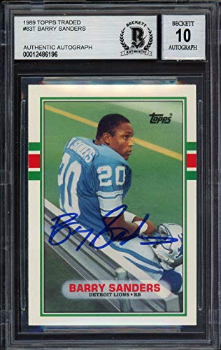 Barry Sanders Autographed 1989 Topps Traded Rookie Card #83T Detroit Lions Auto Grade Gem Mint 10 Beckett BAS Stock #181874