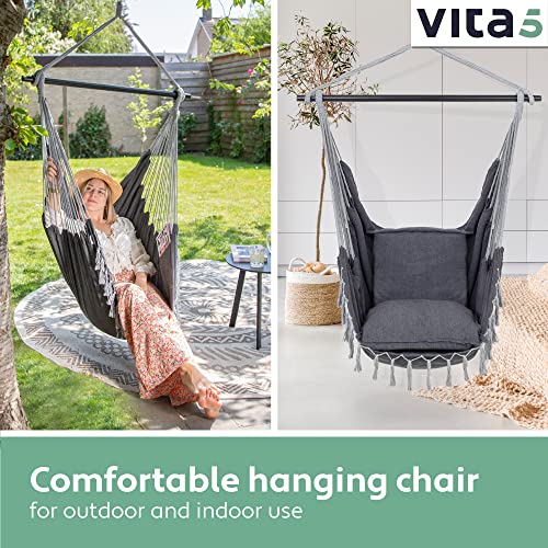 VITA5 Hanging Chair Outdoor & Indoor- Sturdy & Safe Hammock Chair - Stylish Boho Hanging Chair for Bedroom Decor - Easy to Assemble Hammock Swing - Comfy Padded Hanging Swing - Swinging Chair