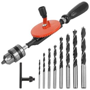 3/8 inch hand drill manual hand crank drill with 8pcs drill bit set, safe double pinions designhand drill for wood plastic and metal