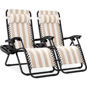 best choice products set of 2 adjustable steel mesh zero gravity lounge chair recliners w/pillows and cup holder trays, tan striped