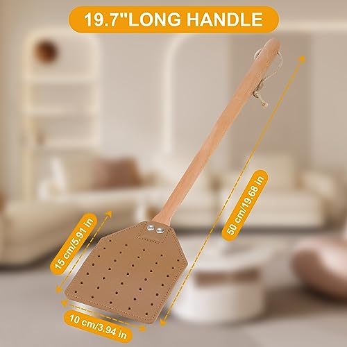 Dirza Leather Fly Swatter for Indoors/Outdoors, Heavy Duty Flyswatter with Walnut Wood Handle 19.7" Long Fly swatted Manual for Bug, Flies, Bees, Mosquitoes