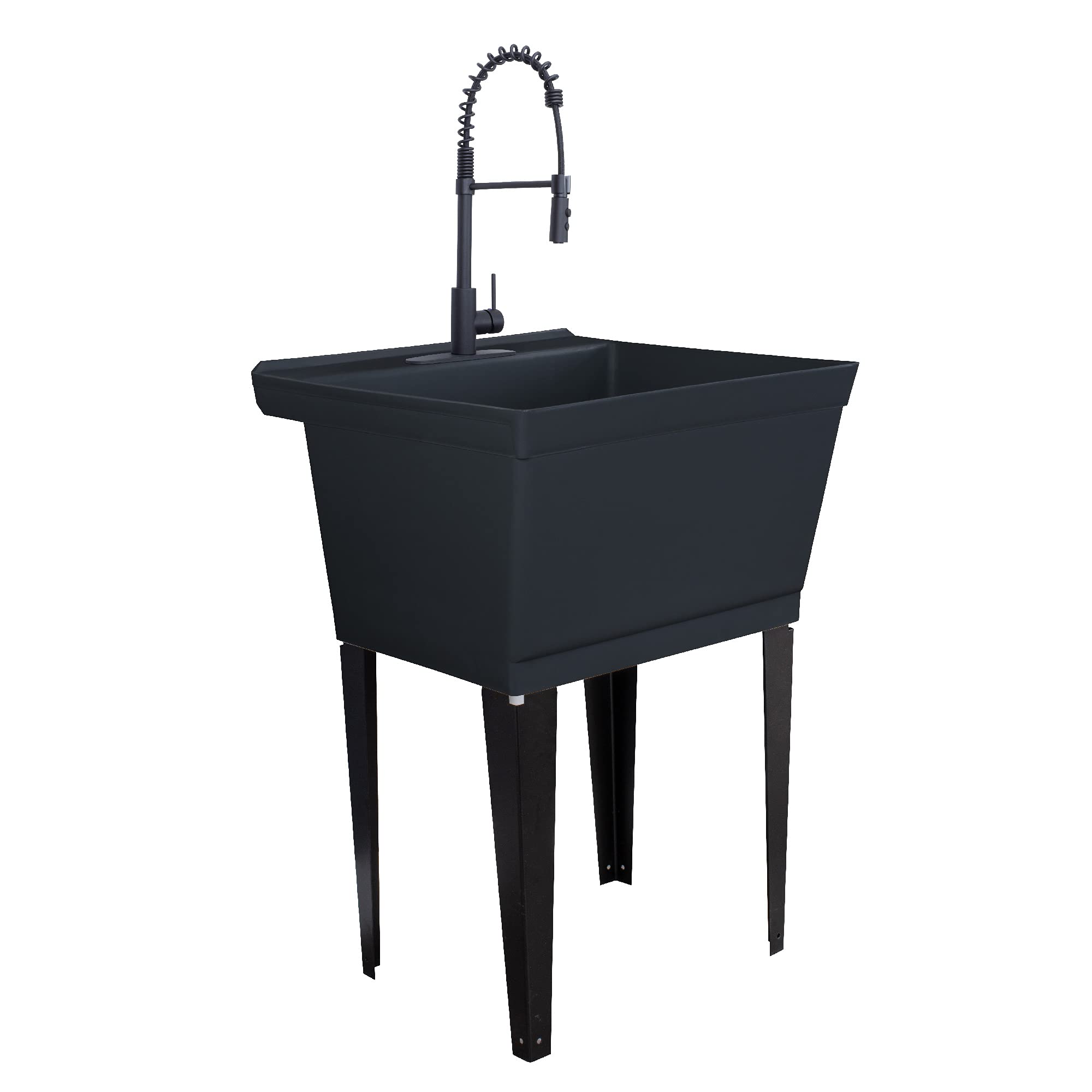 Utility Sink Extra-Deep Laundry Tub in Black with High-Arc Coil Pull-Down Sprayer Faucet in Matte Black, Integrated Supply Lines, P-Trap Kit, Heavy Duty Floor Mounted Freestanding Wash Station