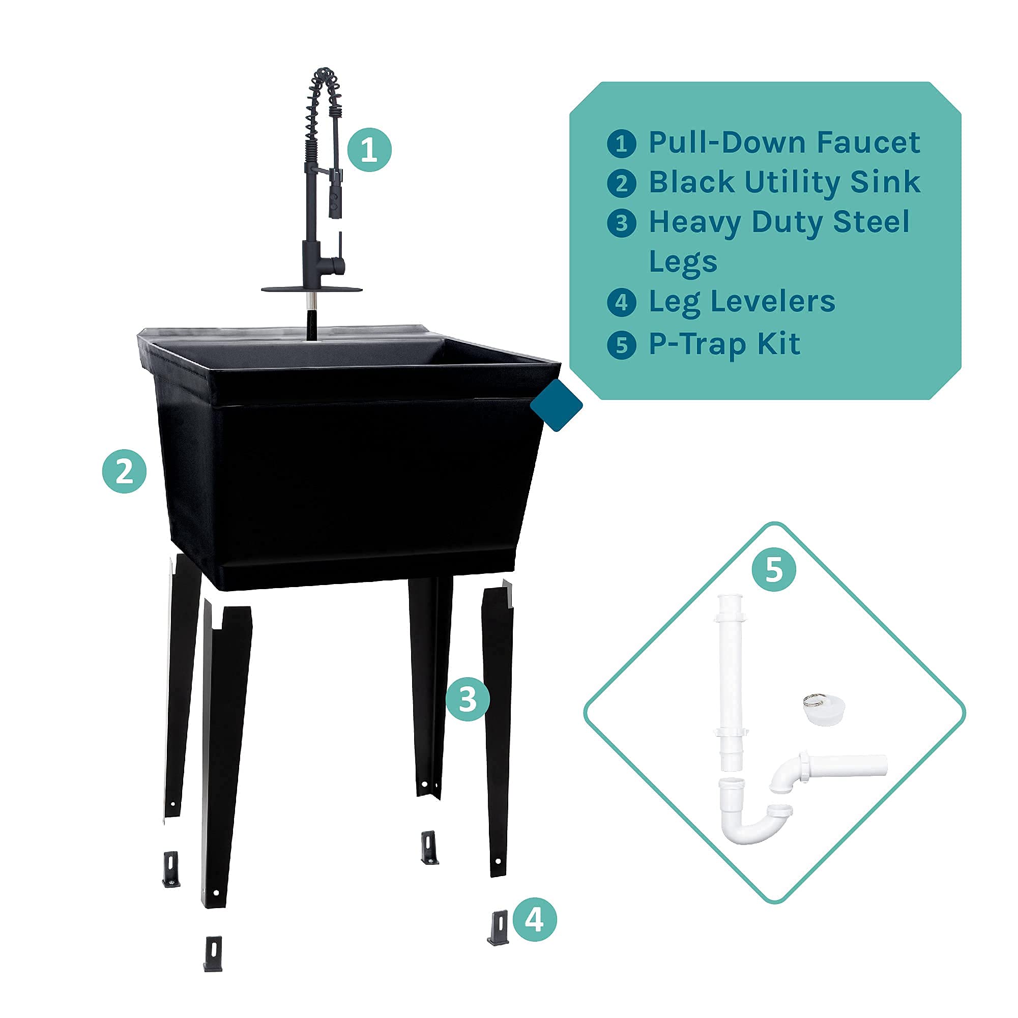 Utility Sink Extra-Deep Laundry Tub in Black with High-Arc Coil Pull-Down Sprayer Faucet in Matte Black, Integrated Supply Lines, P-Trap Kit, Heavy Duty Floor Mounted Freestanding Wash Station