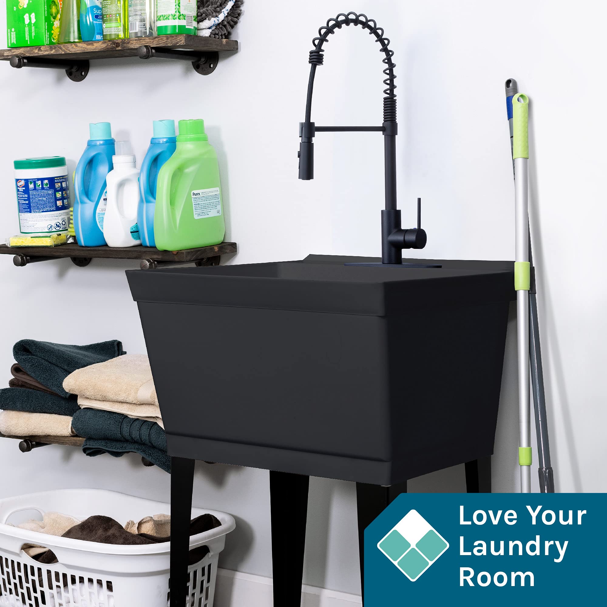 Utility Sink Extra-Deep Laundry Tub in Black with High-Arc Coil Pull-Down Sprayer Faucet in Matte Black, Integrated Supply Lines, P-Trap Kit, Heavy Duty Floor Mounted Freestanding Wash Station