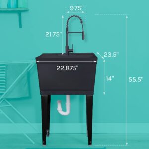 Utility Sink Extra-Deep Laundry Tub in Black with High-Arc Coil Pull-Down Sprayer Faucet in Matte Black, Integrated Supply Lines, P-Trap Kit, Heavy Duty Floor Mounted Freestanding Wash Station