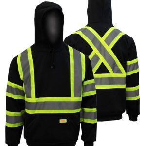 New York Hi-Viz Workwear H8313 Men's ANSI Class 1 High Visibility Sweatshirt, Hooded Pullover, Knit Lining (2XL, Black, 1ea)