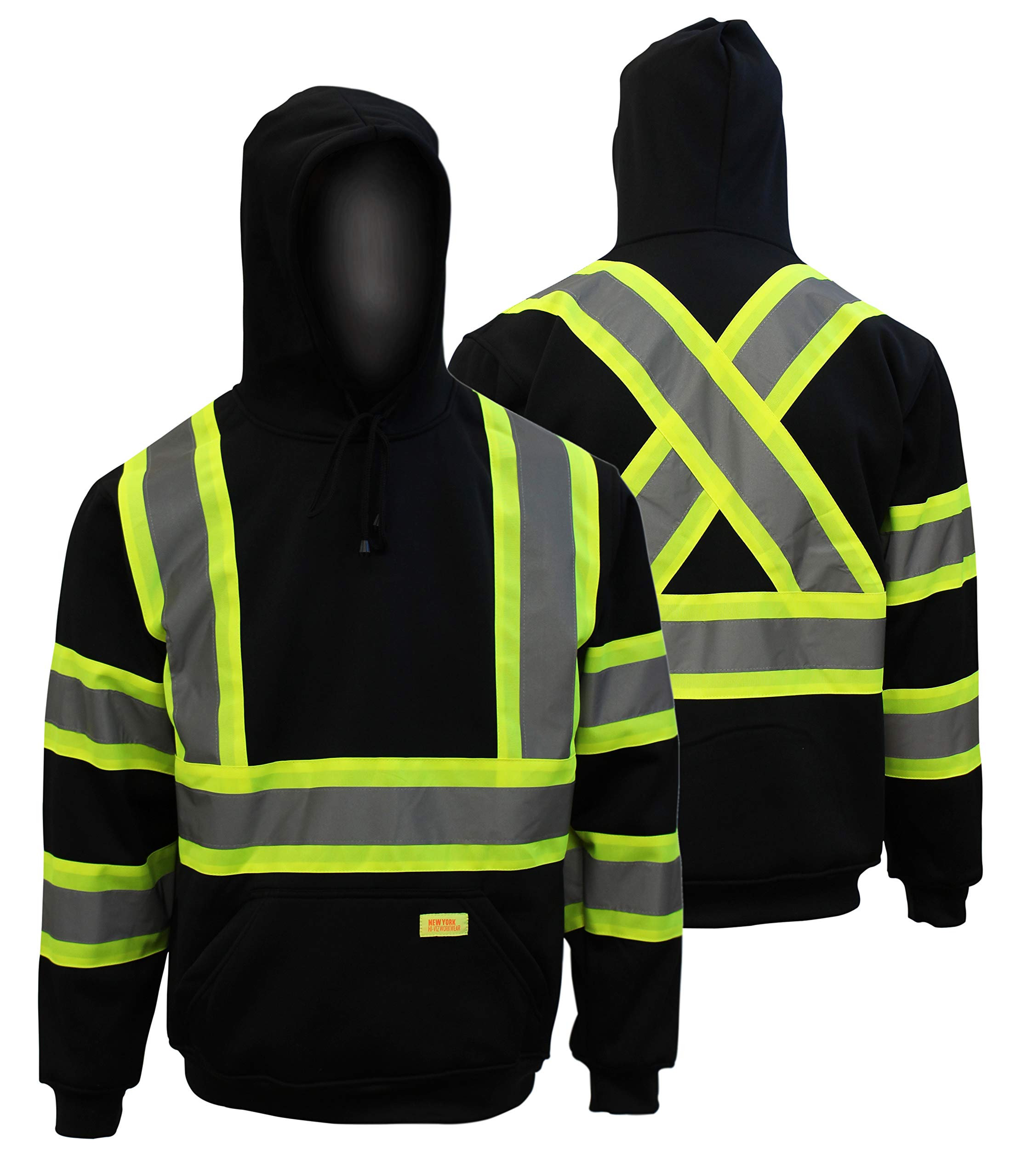 New York Hi-Viz Workwear H8313 Men's ANSI Class 1 High Visibility Sweatshirt, Hooded Pullover, Knit Lining (2XL, Black, 1ea)