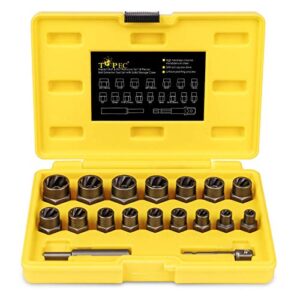 topec 18-piece stripped nut remover, 3/8” drive impact extractor set, damaged bolt nut remover with hex adapter, perfect tool kit for removing stripped, damaged, rounded off and rusted bolts & nuts