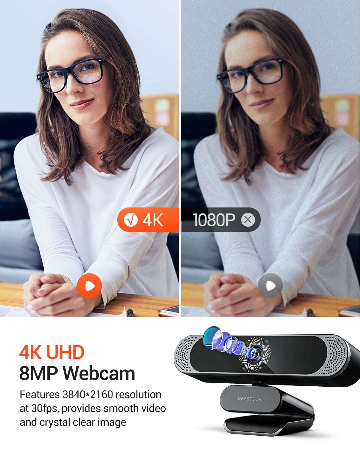 DEPSTECH Webcam with Microphone, 4K Webcam Sony Sensor Autofocus Web Camera with Privacy Cover and Tripod, 8MP USB Webcam for Desktop Laptop PC, Streaming Webcam for Zoom, Skype, Facetime, YouTube