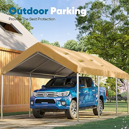 Quictent 10X20ft Heavy Duty Carport Car Canopy Galvanized Car Tent Outdoor Boat Shelter with Reinforced Steel Cables-Beige