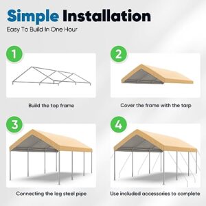 Quictent 10X20ft Heavy Duty Carport Car Canopy Galvanized Car Tent Outdoor Boat Shelter with Reinforced Steel Cables-Beige