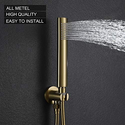 Shower System, Brushed Gold Shower Faucet Set Contain High Pressure 12 inch Round Rain Shower Head with Handheld, Wall Mounted Golden Brush Rainfall Shower Mixer Combo Set for Bathroom