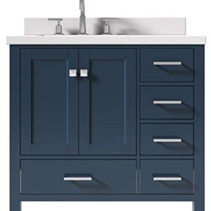 ARIEL 37" Midnight Blue Bathroom Vanity with 1.5" Edge Pure White Quartz Countertop & Backsplash, Left Rectangular Sink, 2 Soft Closing Doors, 5 Full Extension Dovetail Drawers, Satin Nickel