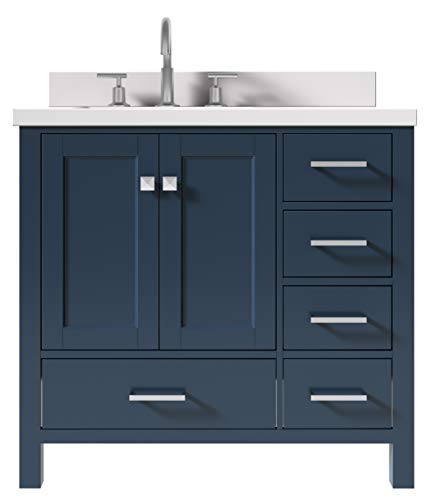 ARIEL 37" Midnight Blue Bathroom Vanity with 1.5" Edge Pure White Quartz Countertop & Backsplash, Left Rectangular Sink, 2 Soft Closing Doors, 5 Full Extension Dovetail Drawers, Satin Nickel