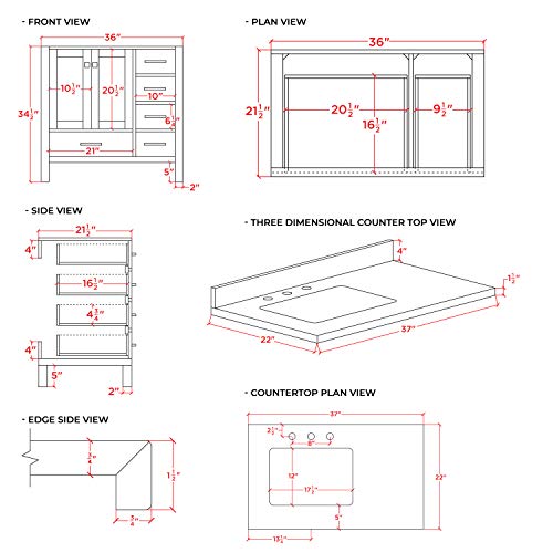 ARIEL 37" Midnight Blue Bathroom Vanity with 1.5" Edge Pure White Quartz Countertop & Backsplash, Left Rectangular Sink, 2 Soft Closing Doors, 5 Full Extension Dovetail Drawers, Satin Nickel