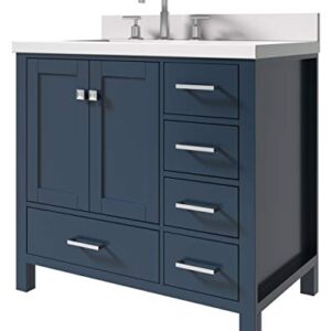 ARIEL 37" Midnight Blue Bathroom Vanity with 1.5" Edge Pure White Quartz Countertop & Backsplash, Left Rectangular Sink, 2 Soft Closing Doors, 5 Full Extension Dovetail Drawers, Satin Nickel