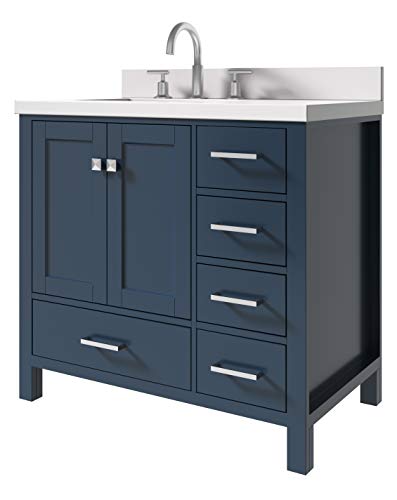 ARIEL 37" Midnight Blue Bathroom Vanity with 1.5" Edge Pure White Quartz Countertop & Backsplash, Left Rectangular Sink, 2 Soft Closing Doors, 5 Full Extension Dovetail Drawers, Satin Nickel