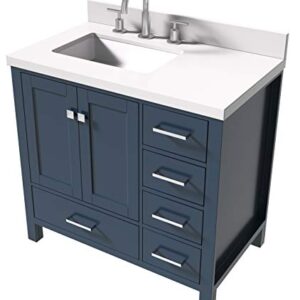 ARIEL 37" Midnight Blue Bathroom Vanity with 1.5" Edge Pure White Quartz Countertop & Backsplash, Left Rectangular Sink, 2 Soft Closing Doors, 5 Full Extension Dovetail Drawers, Satin Nickel