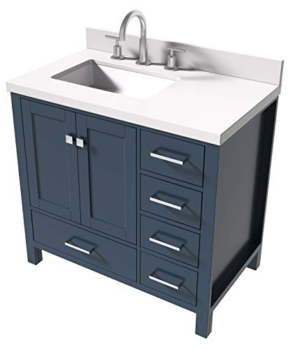 ARIEL 37" Midnight Blue Bathroom Vanity with 1.5" Edge Pure White Quartz Countertop & Backsplash, Left Rectangular Sink, 2 Soft Closing Doors, 5 Full Extension Dovetail Drawers, Satin Nickel