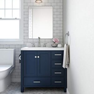 ARIEL 37" Midnight Blue Bathroom Vanity with 1.5" Edge Pure White Quartz Countertop & Backsplash, Left Rectangular Sink, 2 Soft Closing Doors, 5 Full Extension Dovetail Drawers, Satin Nickel