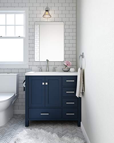 ARIEL 37" Midnight Blue Bathroom Vanity with 1.5" Edge Pure White Quartz Countertop & Backsplash, Left Rectangular Sink, 2 Soft Closing Doors, 5 Full Extension Dovetail Drawers, Satin Nickel