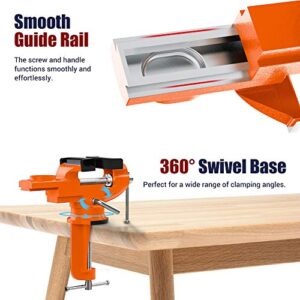 Nuovoware Table Vise 3 Inch, 360° Swivel Base Universal Home Vise Portable Bench Clamp, Clamp-on Vise Bench Clamps Fixed Tool for Woodworking, Metalworking, Cutting Conduit, Drilling, Sawing, Orange