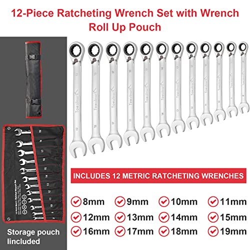 Towallmark 12-Piece Wrench Set, Reversible Ratcheting Combination Set, Metric 8mm-19mm, 72 Teeth, Cr-V Steel Ratchet Wrenches Set with Storage Bag for motorcycle/car /mechanical etc.