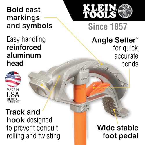 Klein Tools 51607 Aluminum Conduit Bender Full Assembly, 3/4-Inch EMT, 1/2-Inch Rigid, Wide Foot Pedal, Benchmark Symbols and Angle Setter