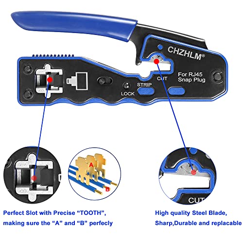 CHZHLM Rj45 Crimp Tool Kit Pass Through Crimping Tool Crimper Cutter for Cat6 Cat5 Cat5e with 50PCS Connectors Mini Wire Stripper Cable Tester and Plier