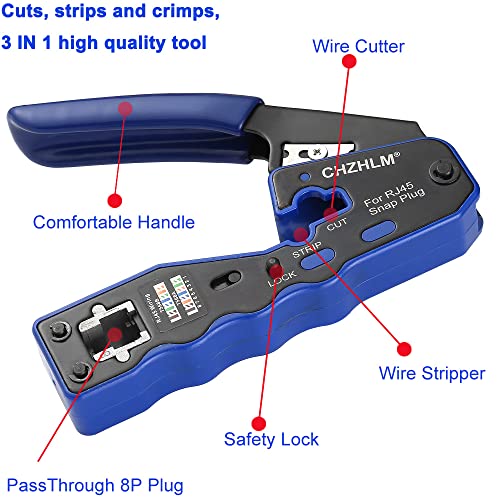 CHZHLM Rj45 Crimp Tool Kit Pass Through Crimping Tool Crimper Cutter for Cat6 Cat5 Cat5e with 50PCS Connectors Mini Wire Stripper Cable Tester and Plier