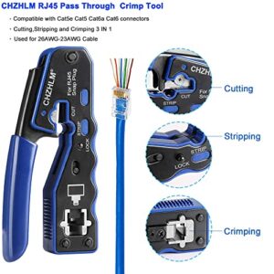 CHZHLM Rj45 Crimp Tool Kit Pass Through Crimping Tool Crimper Cutter for Cat6 Cat5 Cat5e with 50PCS Connectors Mini Wire Stripper Cable Tester and Plier