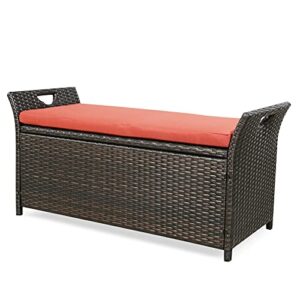 patio wicker storage bench outdoor rattan deck storage box with cushion (terracotta)