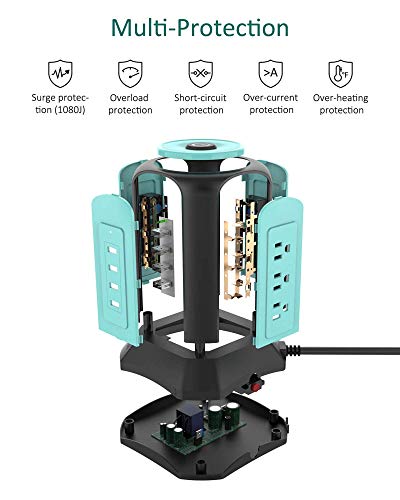 SUPERDANNY 9.8ft USB Power Strip Tower Surge Protector with 9 Outlet 4 USB 1080J Surge Protection, 2Pack, Black & Blue