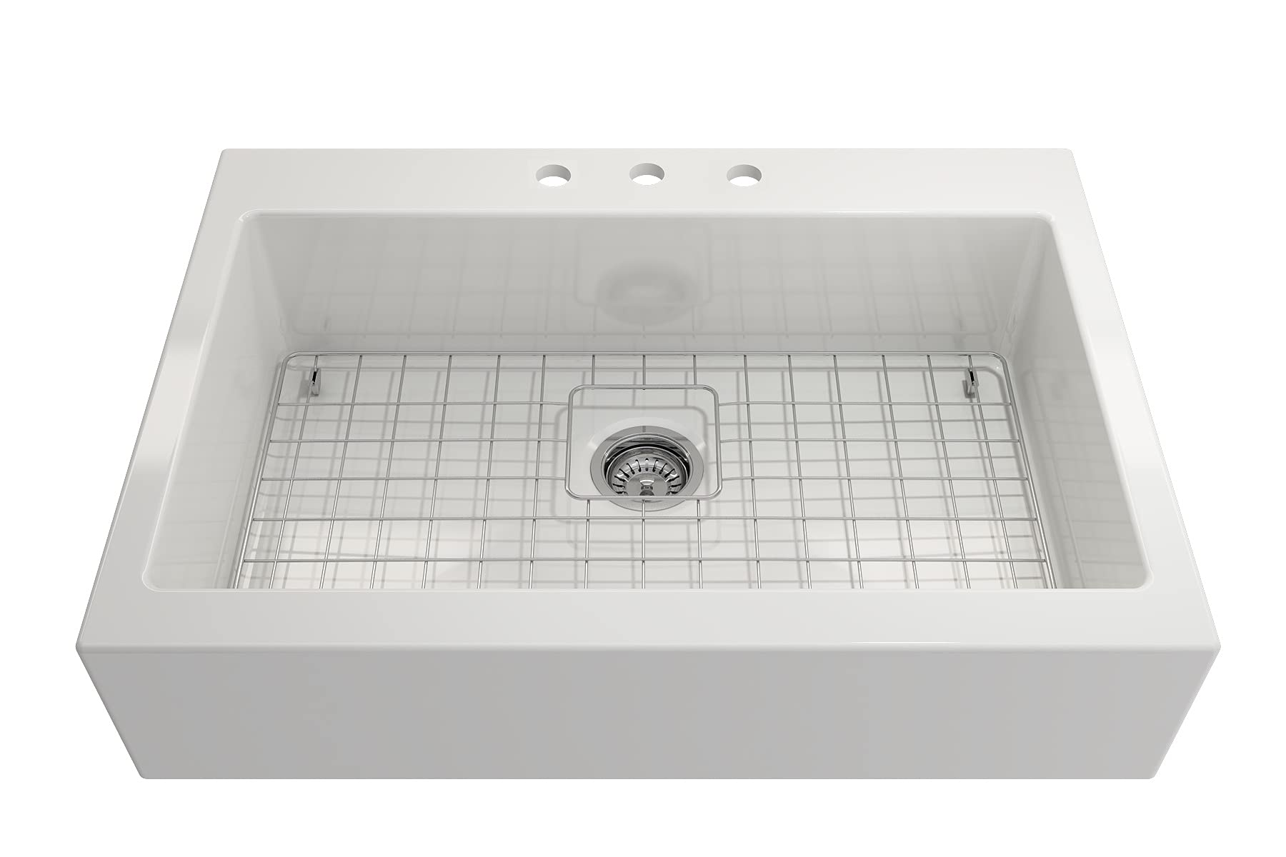 BOCCHI Nuova Apron Front Drop-In Fireclay 34 in. Single Bowl Kitchen Sink with Protective Bottom Grid and Strainer in White