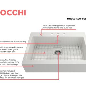 BOCCHI Nuova Apron Front Drop-In Fireclay 34 in. Single Bowl Kitchen Sink with Protective Bottom Grid and Strainer in White