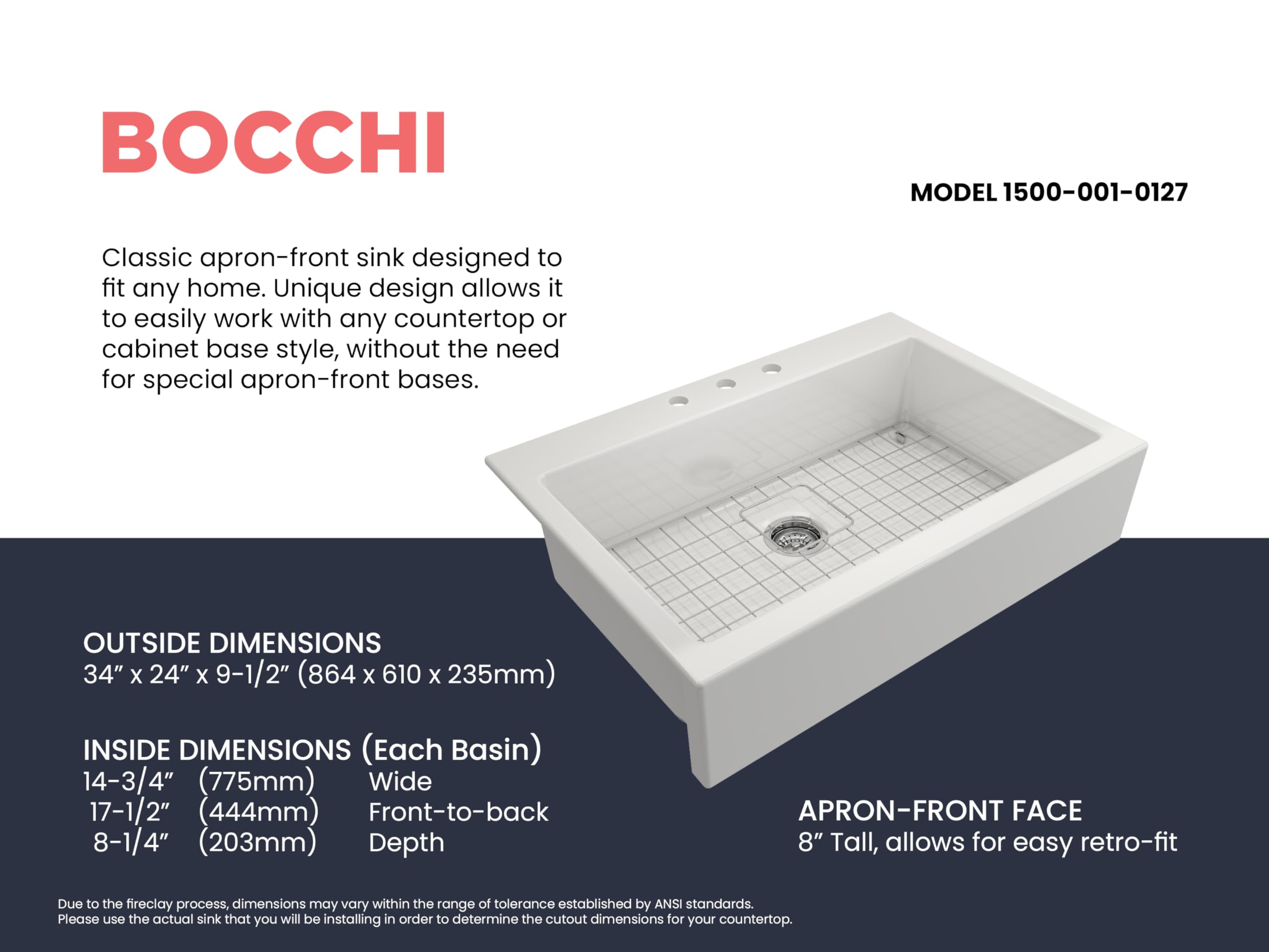 BOCCHI Nuova Apron Front Drop-In Fireclay 34 in. Single Bowl Kitchen Sink with Protective Bottom Grid and Strainer in White