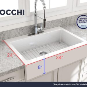 BOCCHI Nuova Apron Front Drop-In Fireclay 34 in. Single Bowl Kitchen Sink with Protective Bottom Grid and Strainer in White