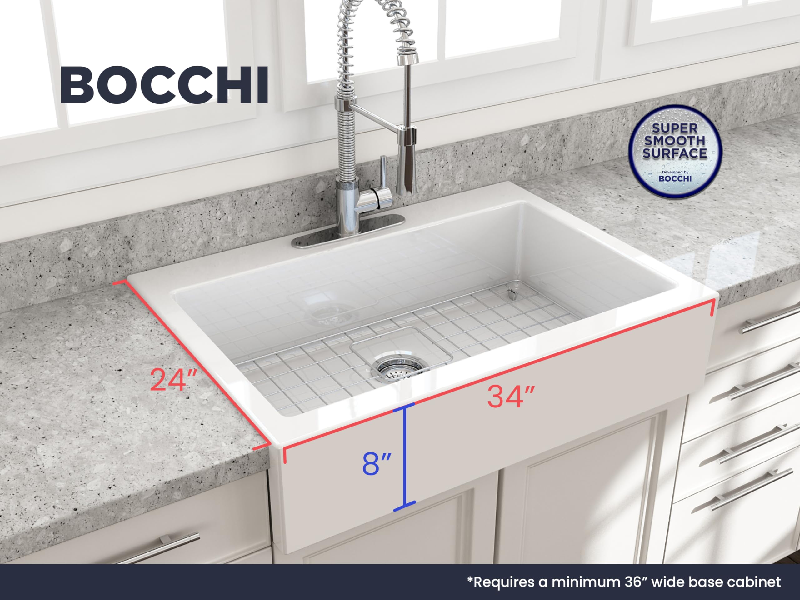 BOCCHI Nuova Apron Front Drop-In Fireclay 34 in. Single Bowl Kitchen Sink with Protective Bottom Grid and Strainer in White