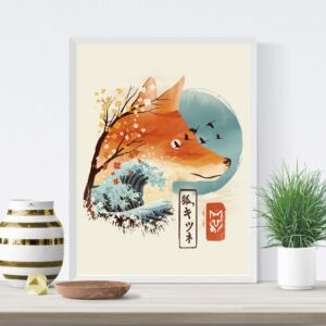 Japanese Fox Art Print - Traditional Ukiyo-e Wall Art 18 x 24 Unframed Cherry Blossom Ocean Waves Spiritual Home Decor Japanese Artwork Whimsical Animal Print Calming Wall Hanging