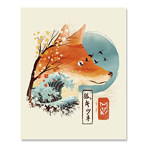 Japanese Fox Art Print - Traditional Ukiyo-e Wall Art 18 x 24 Unframed Cherry Blossom Ocean Waves Spiritual Home Decor Japanese Artwork Whimsical Animal Print Calming Wall Hanging