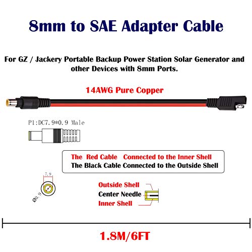 DC 8mm Male to SAE Connector Adapter 14 Gauge Cable Wire Compatible with Explorer 160 240 500 1000 GZ Portable Backup Power Station for RV & Solar Generator Portable Solar Panel 14AWG 1.8M/6Ft