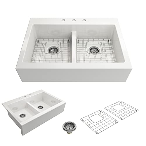 BOCCHI Nuova Apron Front Drop-In Fireclay 34 in. 50/50 Double Bowl Kitchen Sink with Protective Bottom Grids and Strainers in White